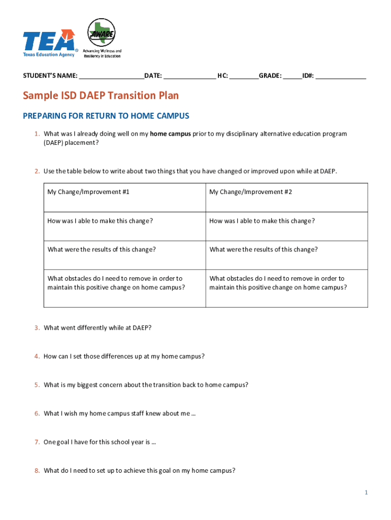 Fillable Online Sample ISD DAEP Transition Plan. Sample form for ...