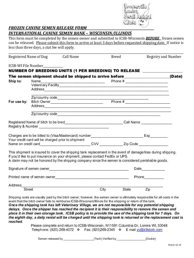 Fillable Online Release Frozen Semen Fax Email Print - pdfFiller