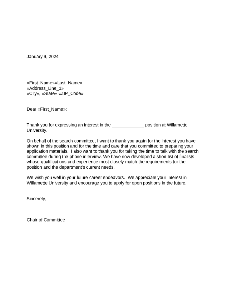 Sample "no thank you" applicant letter components Doc Template | pdfFiller