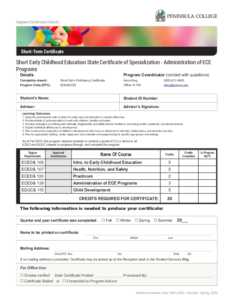 Fillable Online State Short Early Childhood Education Certificate of ...