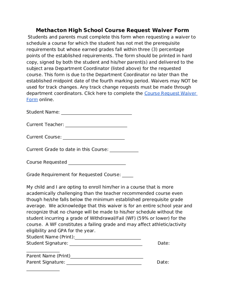 Methacton High School Course Request Waiver Doc Template | pdfFiller