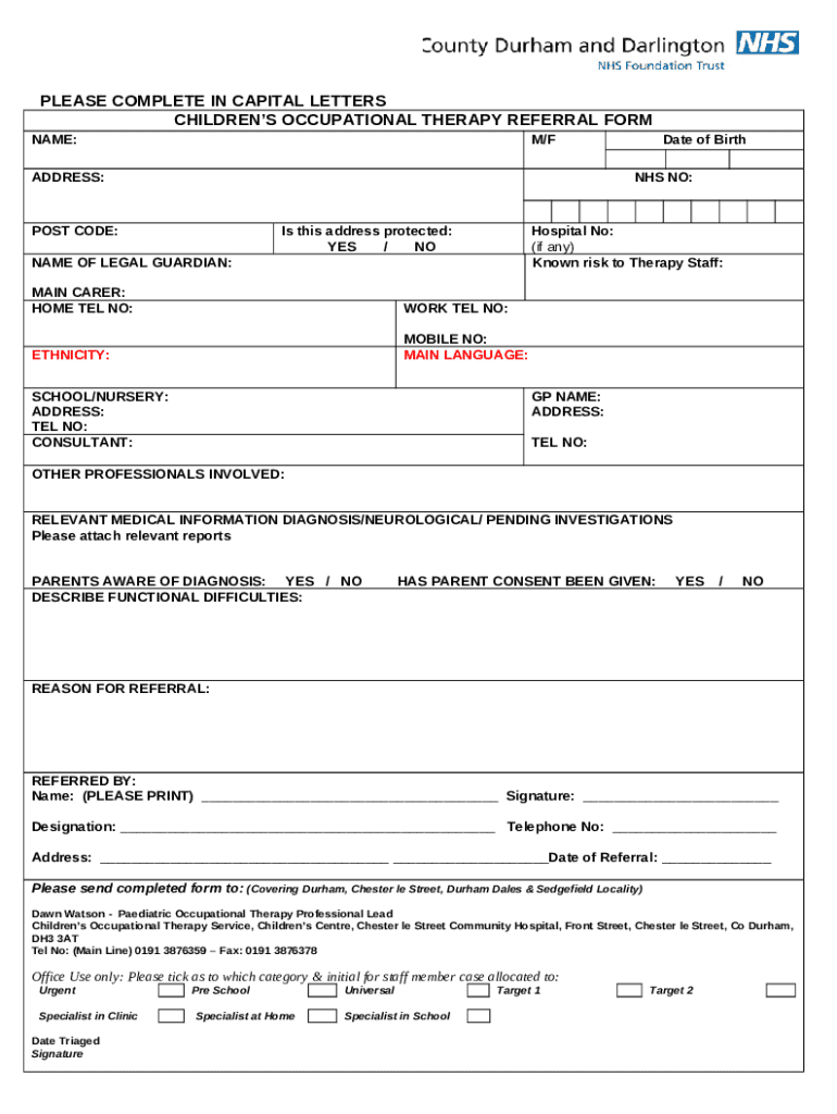 Request for Occupational Therapy for Children Doc Template | pdfFiller