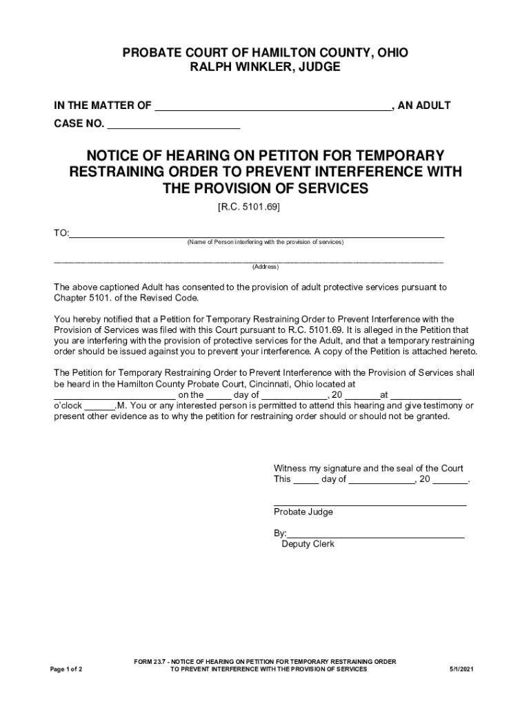 Fillable Online notice of hearing on petiton for temporary restraining ...