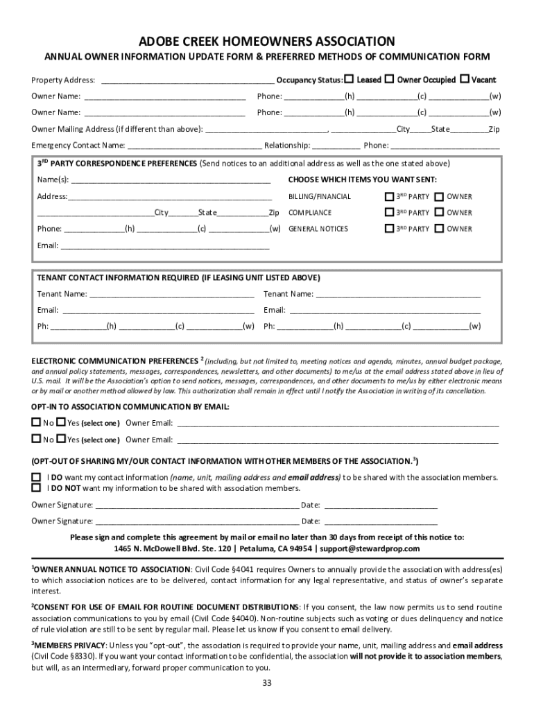 Fillable Online Fillable Online ADOBE CREEK HOMEOWNERS ... Fax Email ...