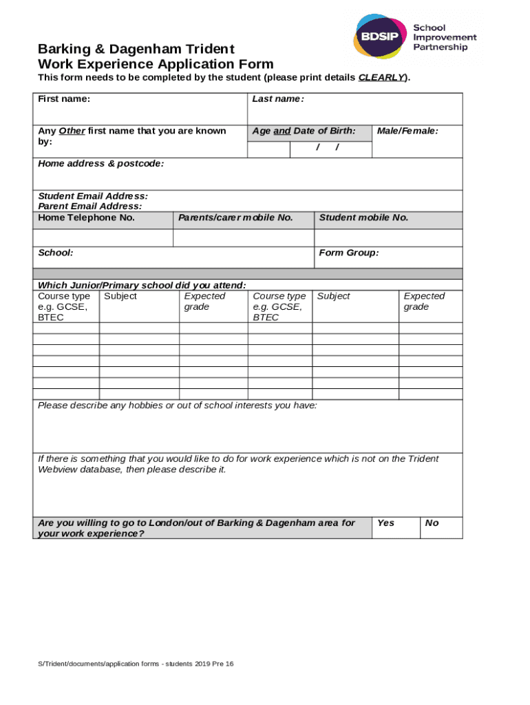 STUDENT'S WORK EXPERIENCE Doc Template | pdfFiller