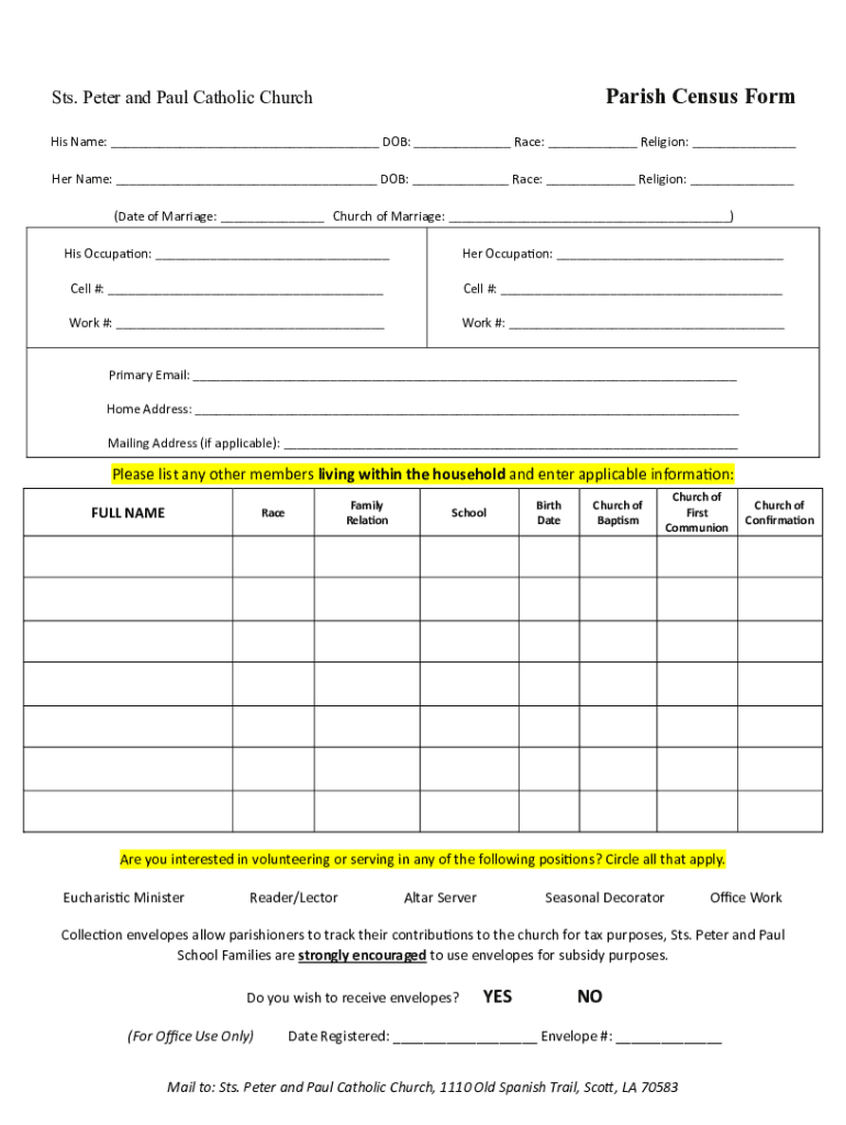 Fillable Online Sts. Peter and Paul Catholic Church Parish Census Form ...