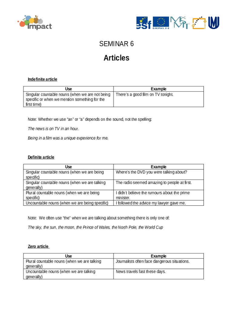 English articles A, AN and THE with countable nouns ... - is muni Doc Template | pdfFiller
