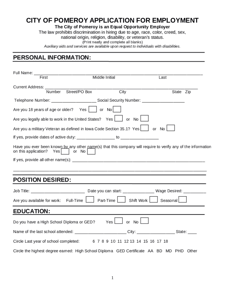 city of pomeroy application for employment Doc Template | pdfFiller