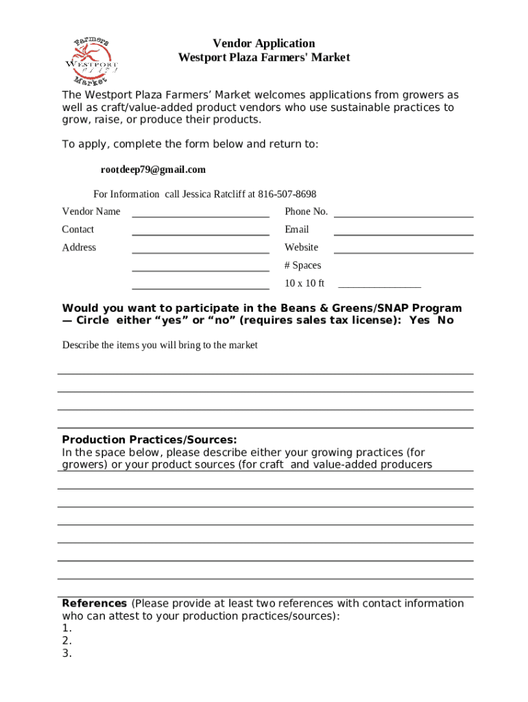 Vendor Application Westport Plaza Farmers' Market Doc Template | pdfFiller