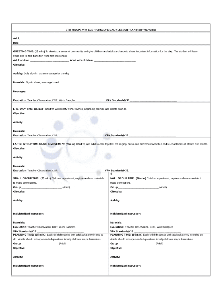 SAMPLE HIGHSCOPE PRESCHOOL DAILY PLAN Doc Template | pdfFiller