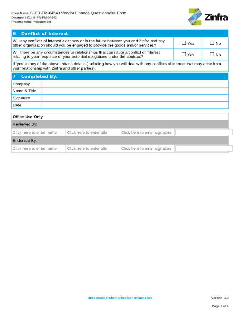 G-PR-FM-04543 Vendor Finance Questionnaire Doc Template | pdfFiller