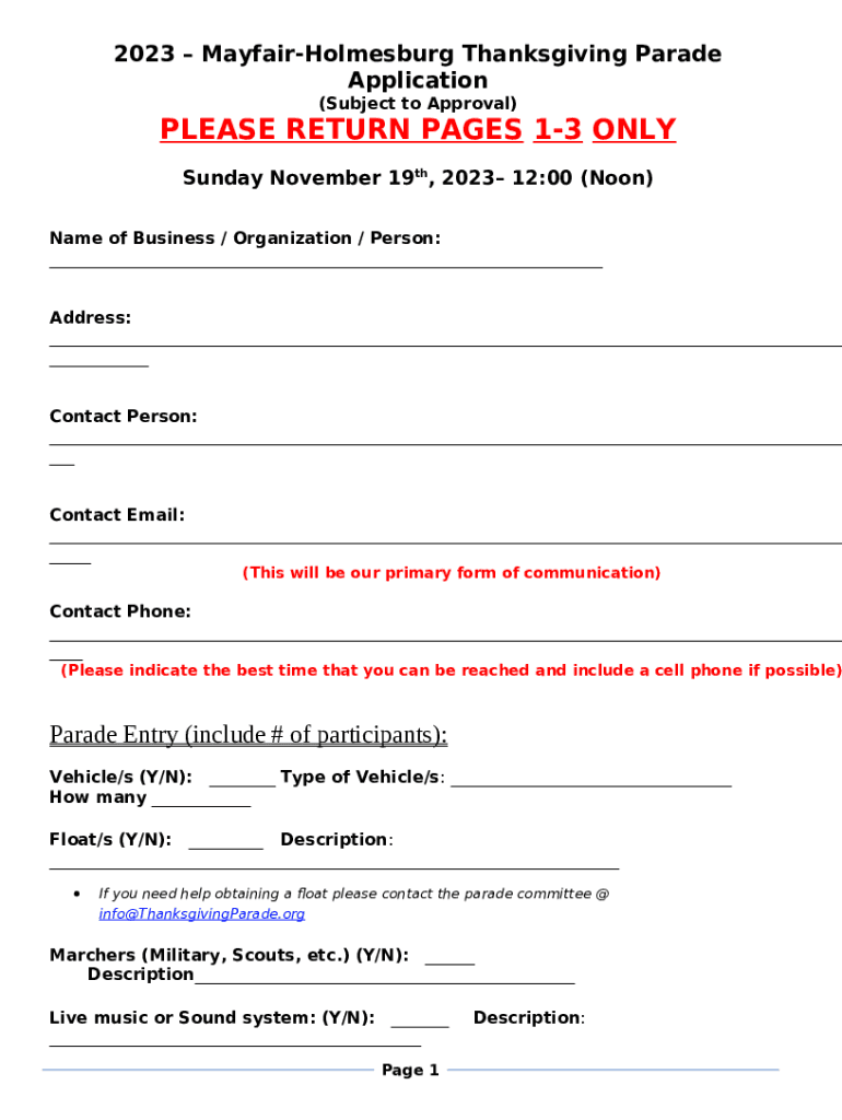 Mayfair-Holmesburg Thanksgiving Parade Application Doc Template | pdfFiller