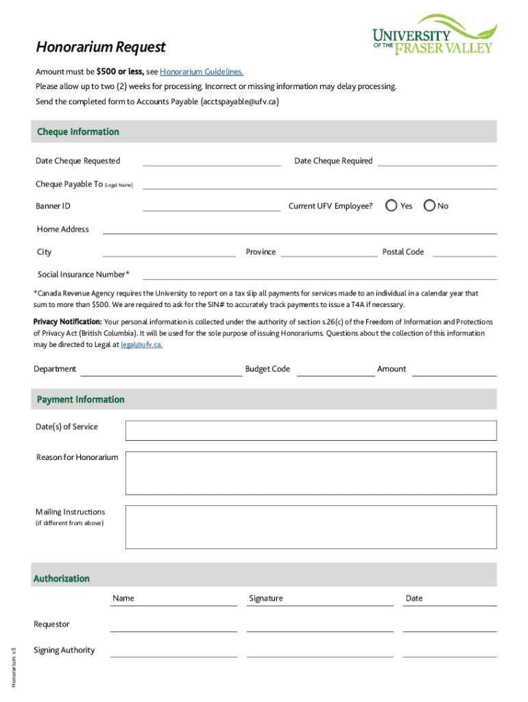 Fillable Online Honorarium Request Form V3.pub Fax Email Print - pdfFiller