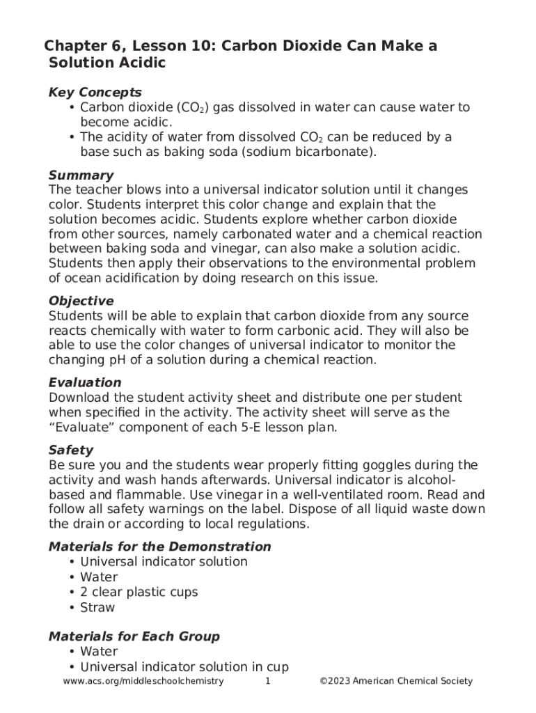 Lesson 6.10: Carbon Dioxide Can Make a Solution Acidic Doc Template | pdfFiller