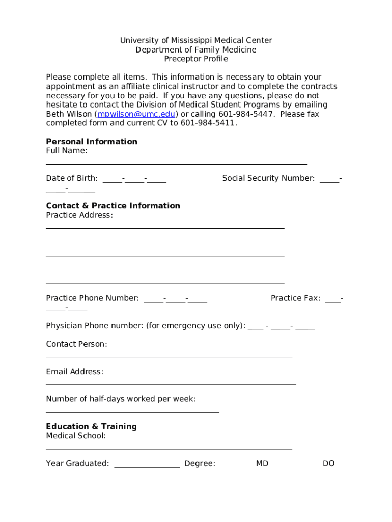 preceptor profile sheet Doc Template | pdfFiller