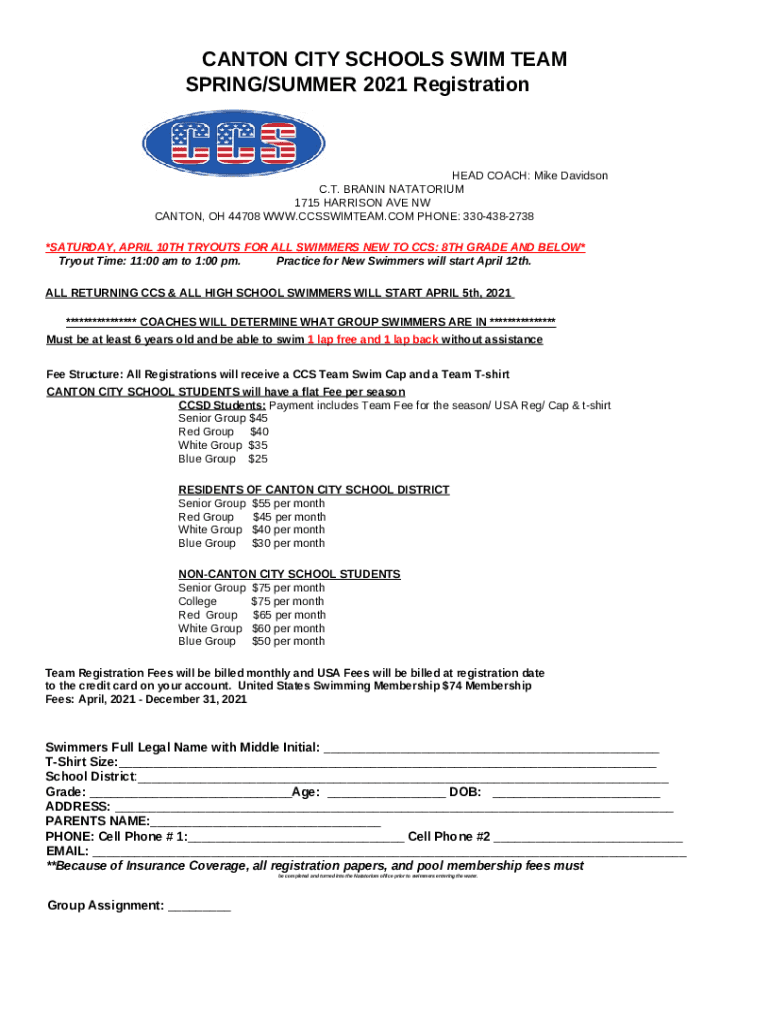 CANTON CITY SCHOOLS SWIM TEAM SPRING/SUMMER ... Doc Template | pdfFiller