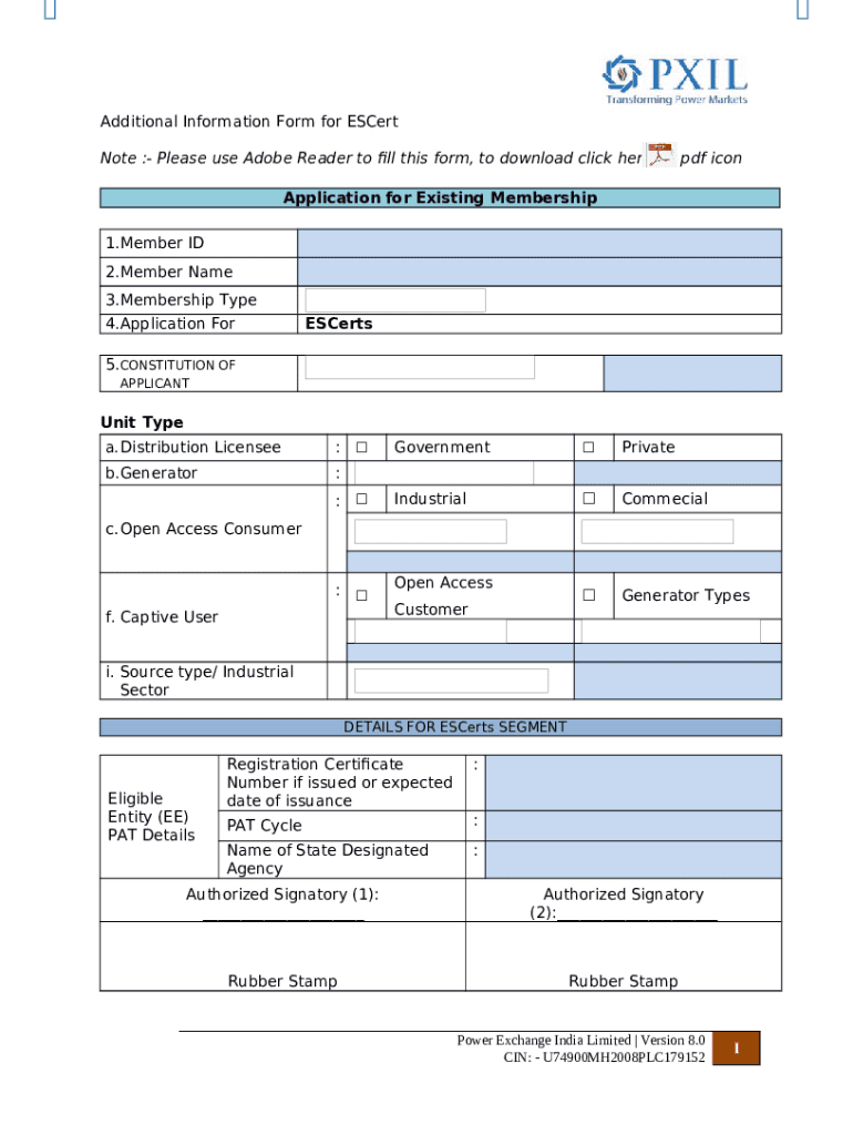 Additional Ination for ESCert (For Existing Members) Doc Template | pdfFiller