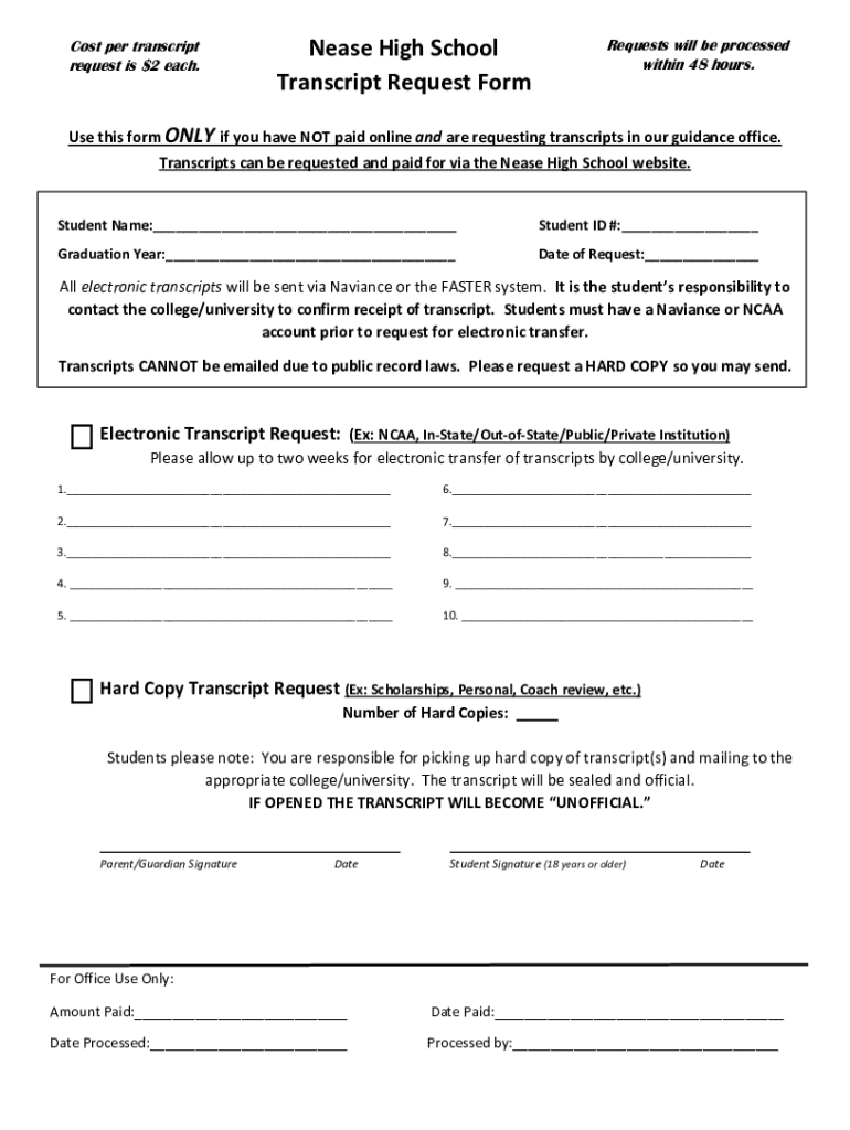 Fillable Online www-nhs stjohns k12 fl Nease High School Transcript ...