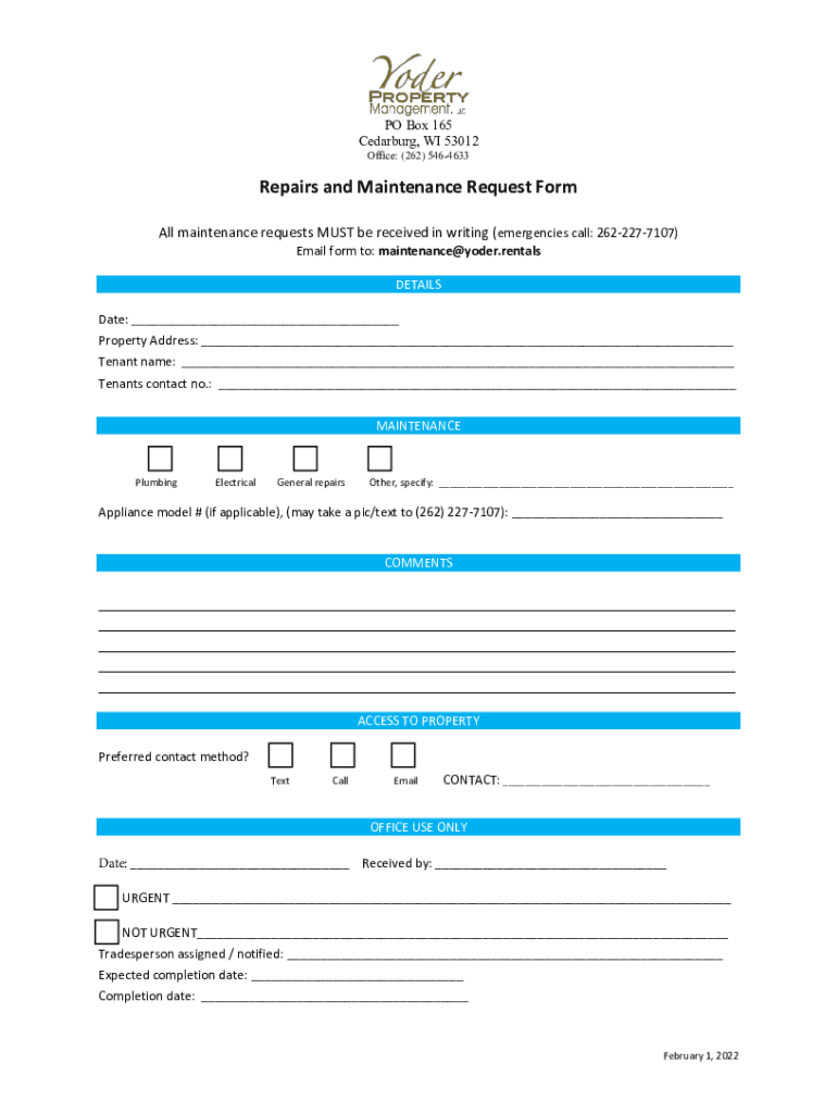Fillable Online Maintenance Request Form - Cedar Management Group Fax Email Print - pdfFiller