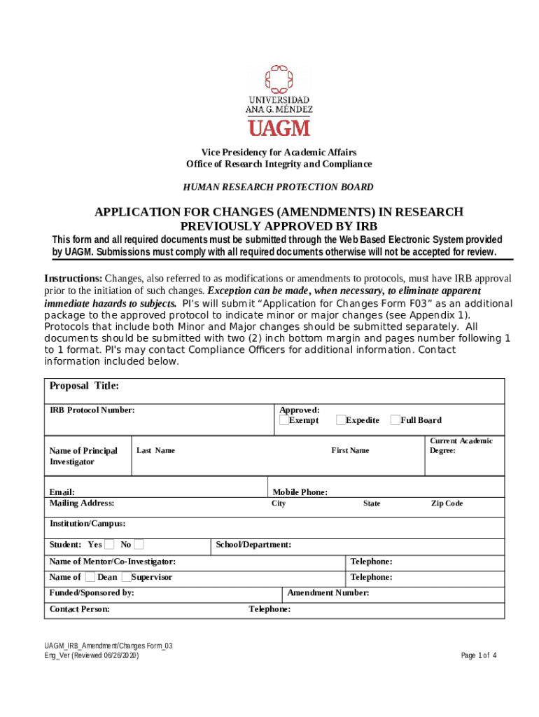 IRB Amendment and Changes to Research Doc Template | pdfFiller