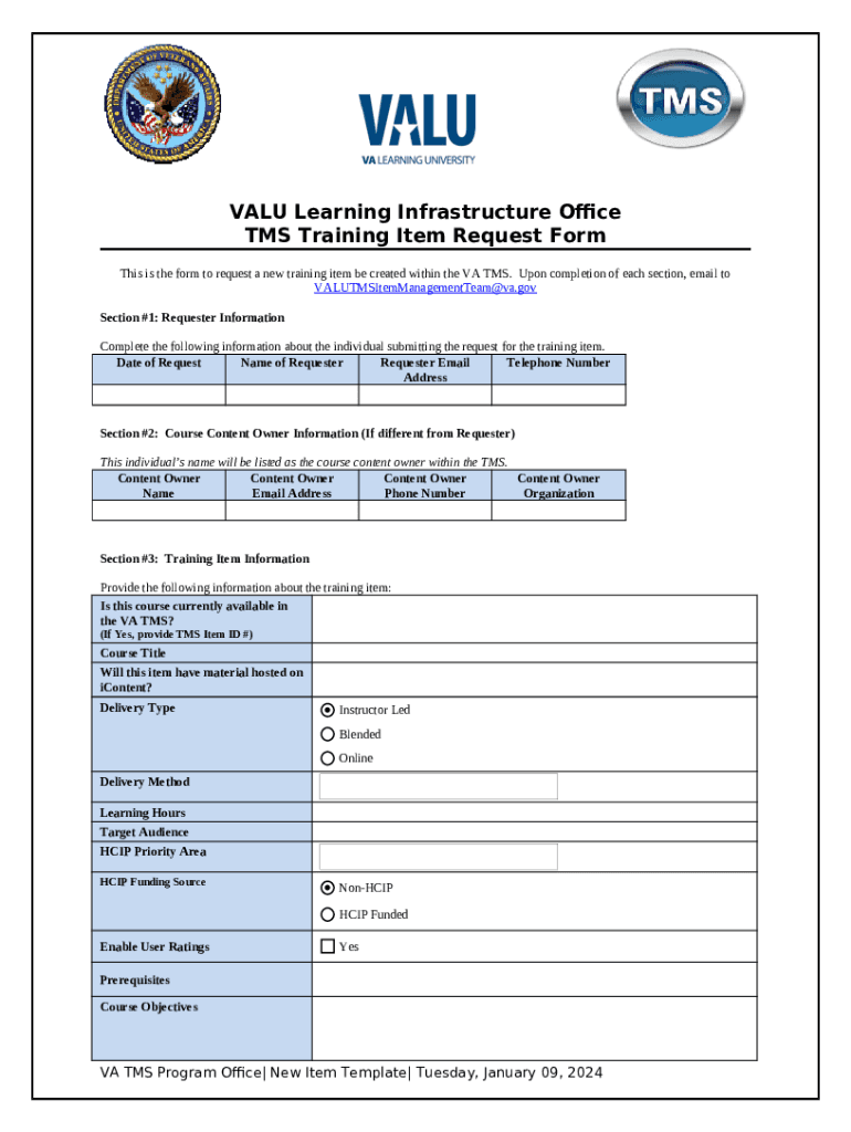 TMS Item Request - VA Vendor Portal Doc Template | pdfFiller