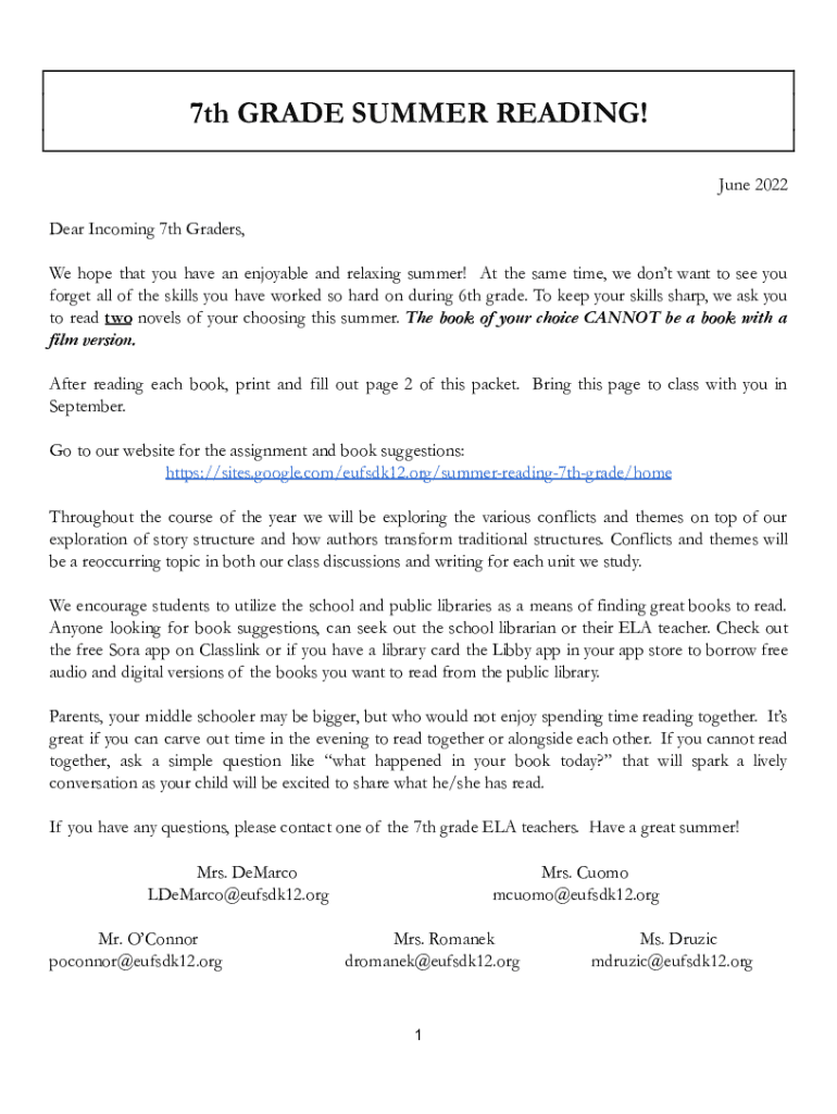 Fillable Online Summer Reading Lists / 7th Grade Reading List Fax Email ...