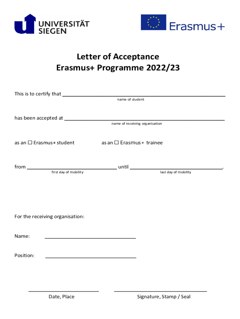Fillable Online Erasmus+ 202223Letter of Acceptance.docx Fax Email ...