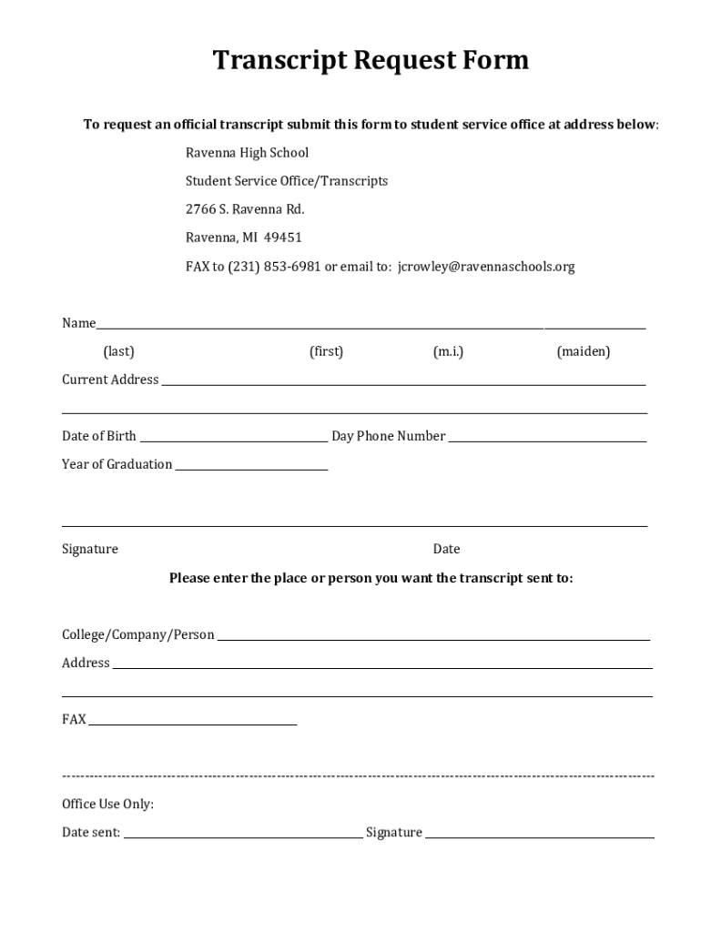 Fillable Online Ravenna Public Schools High School Transcript Request ...