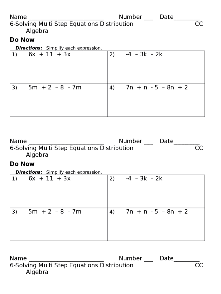 Answer Key - Algebra 1: 2.2 (Multi-Step Equations) Doc Template | pdfFiller