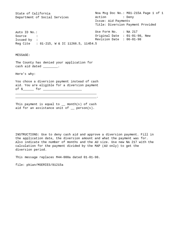 CalWORKs/Welfare-To-Work Title: Diversion Number Doc Template | pdfFiller