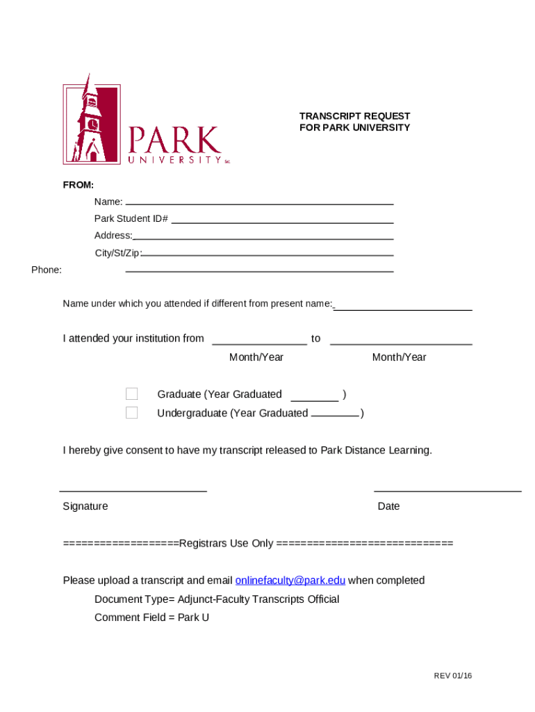 Park University Transcript Request Doc Template | pdfFiller