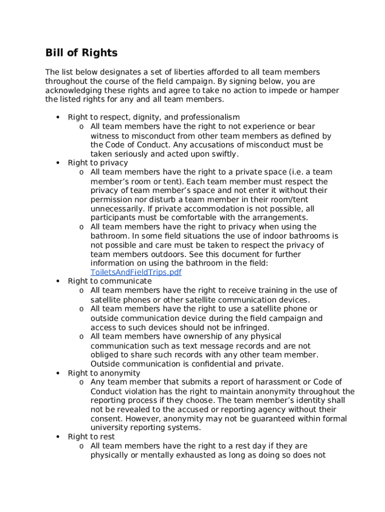 Download Code of Conduct and Bill of Rights Doc Template | pdfFiller