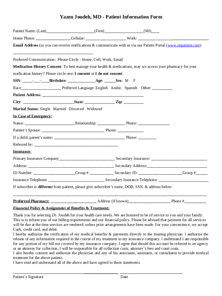 Yazen Joudeh, MD - Patient Ination Doc Template | pdfFiller