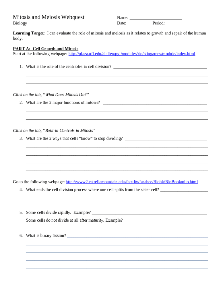 Mitosis and Meiosis Webquest Name: Biology Date: Period Doc Template ...