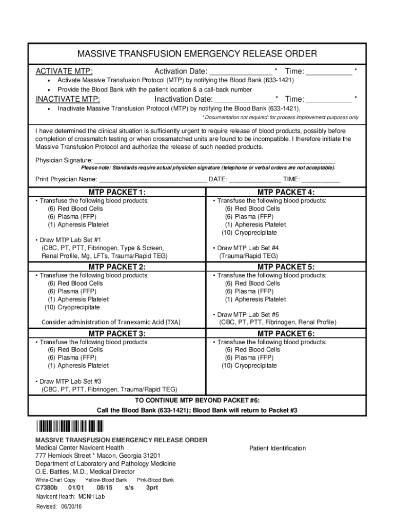 Fillable Online Sample Massive Transfusion Procedure Miller Children's ...