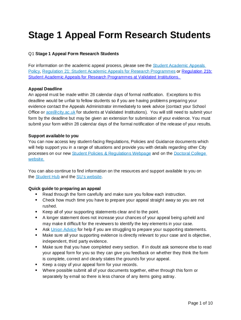 Stage 1 Appeal Research Students Doc Template | pdfFiller