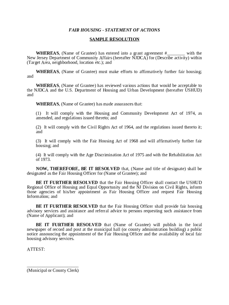 FAIR HOUSING - STATEMENT OF ACTIONS Doc Template | pdfFiller