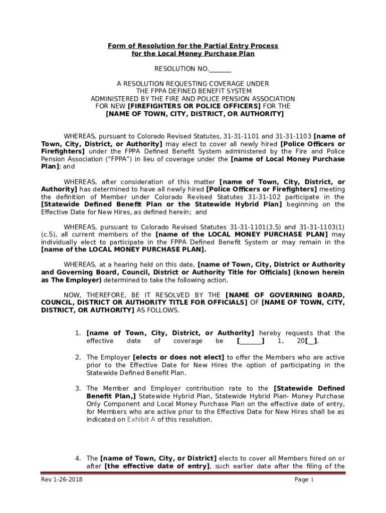 Resolution for the Local Money Purchase Plan Doc Template | pdfFiller