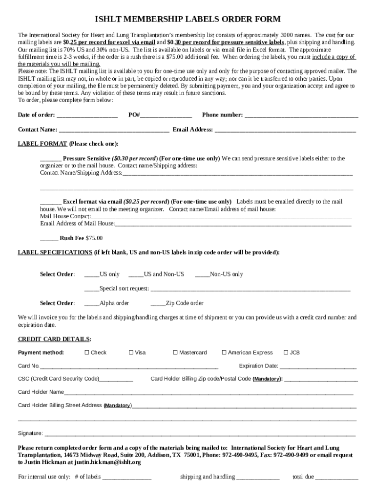 ISHLT MEMBERSHIP LABELS ORDER Doc Template | pdfFiller