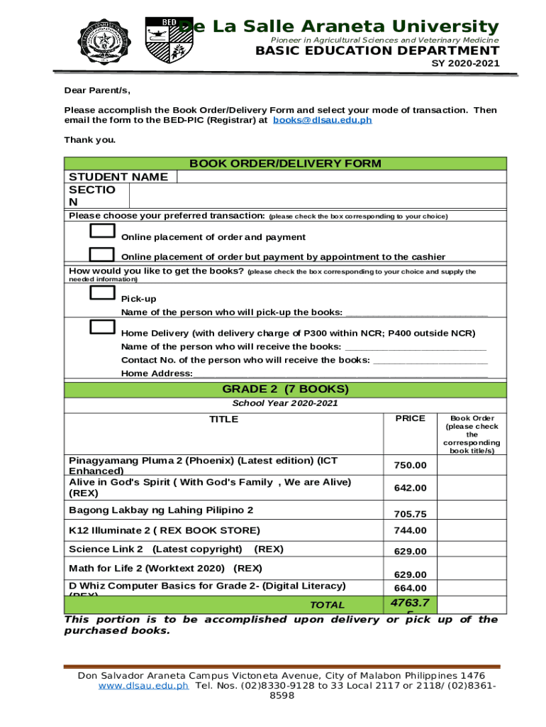Please accomplish the Book Order/Delivery and select your mode of transaction Doc Template ...