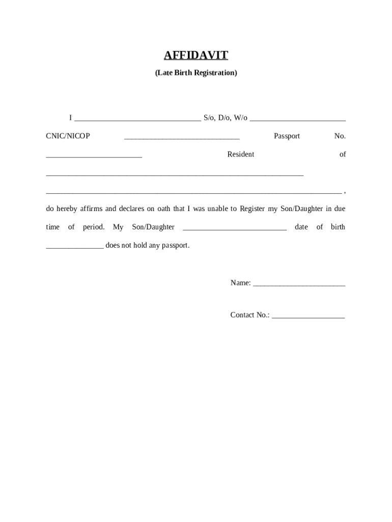 affidavit for late registration of birth pakistan Doc Template | pdfFiller