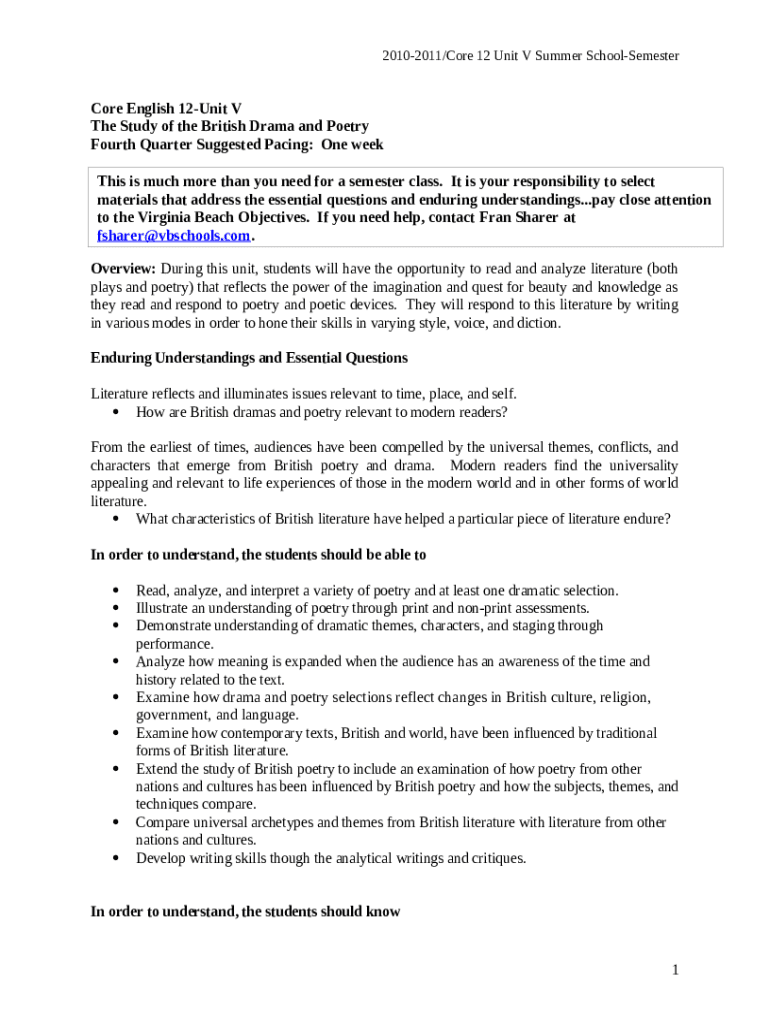 A Complete High School British Literature Curriculum Doc Template ...