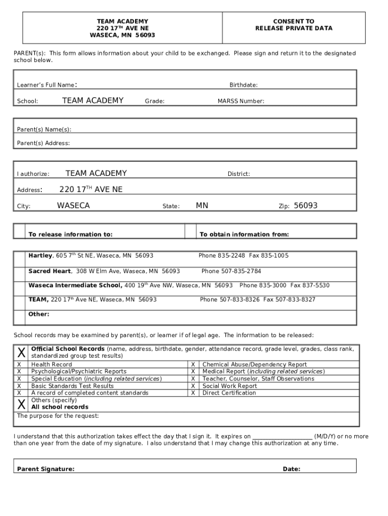 Consent to Release Private Data Doc Template | pdfFiller