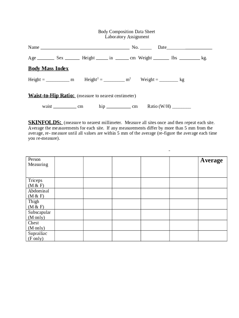 Body Composition Data Sheet Doc Template | pdfFiller