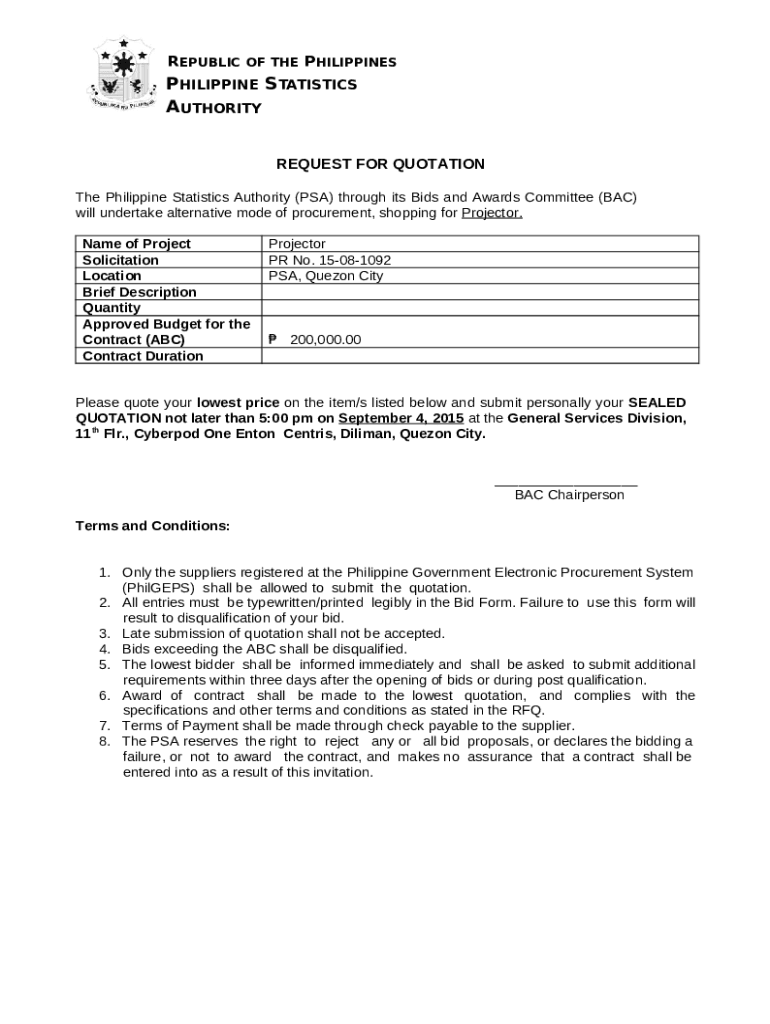 REQUEST FOR QUOTATION Projector. - PSA Procurement Doc Template | pdfFiller
