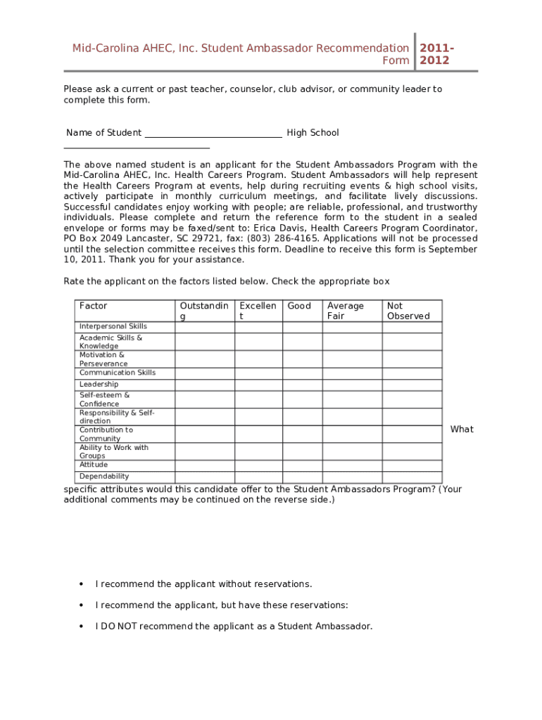 Mid-Carolina AHEC, Inc. Student Ambassador Recommendation - people musc Doc Template | pdfFiller