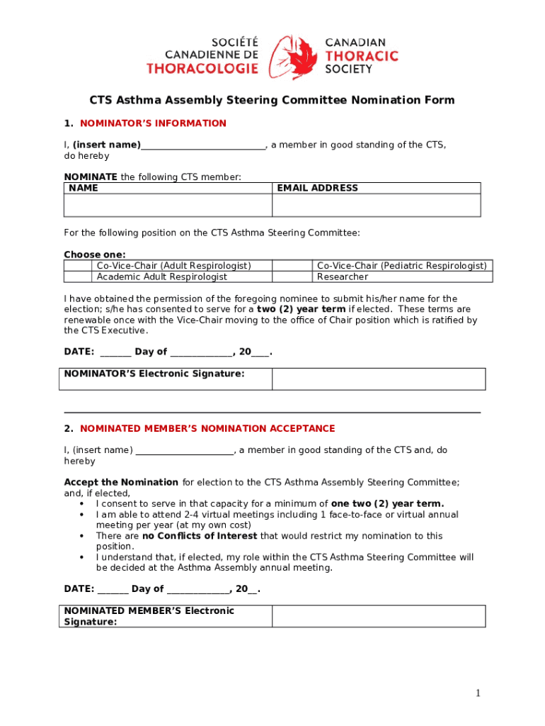 CTS Asthma Assembly Steering Committee Nomination Doc Template | pdfFiller