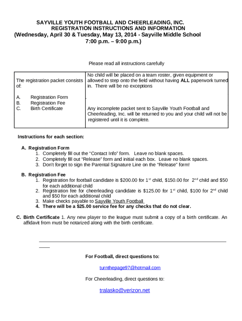 SAYVILLE YOUTH FOOTBALL AND CHEERLEADING, INC Doc Template | pdfFiller