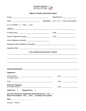 Adjunct Faculty Ination Sheet Doc Template | pdfFiller