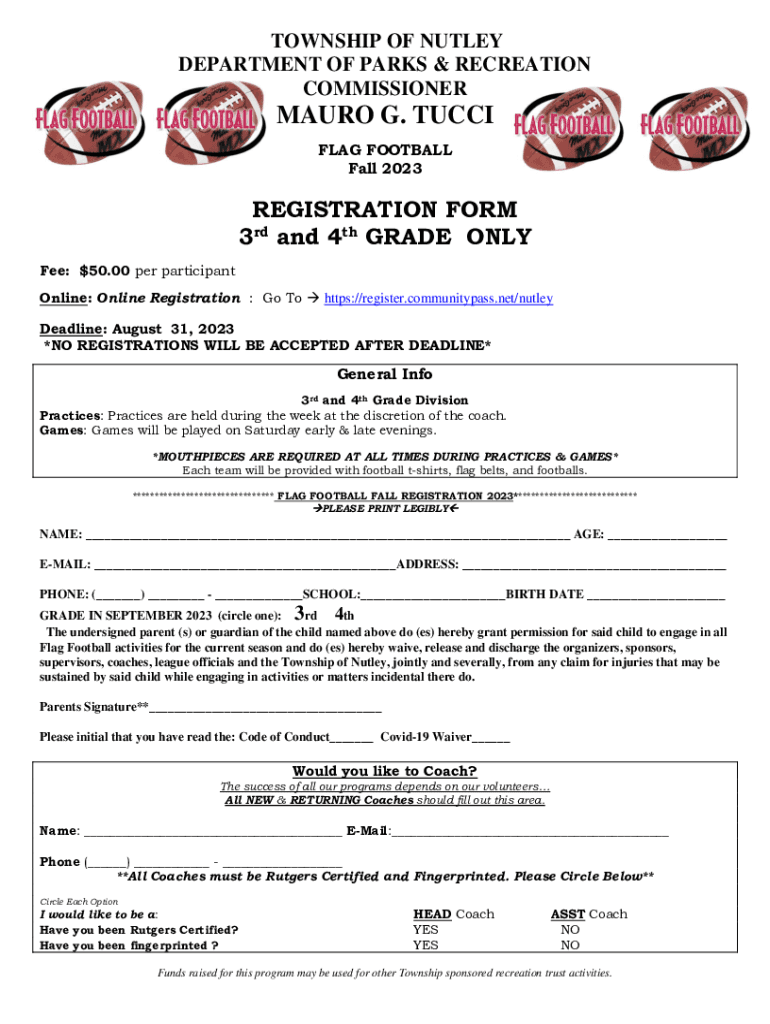 Fillable Online FALL FLAG... - Township of Nutley Parks and Recreation ...